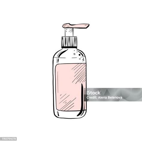 흰색 배경에 라벨이 붙어 있는 닫힌 병 액체 비누 디스펜서의 벡터 그림 액체가 있는 용기의 검은색 윤곽 그래픽 그림 엽서 디자인