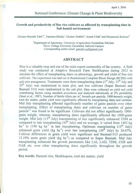 Pdf Growth And Productivity Of Fine Rice Cultivars As Affected By