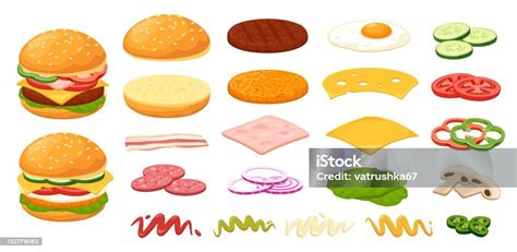만화 햄버거 재료 빵 치즈 구운 계란 피클 얇게 썬 토마토 양파 패스트 푸드 버거 생성자 샌드위치 성분 벡터 세트 햄버거 류에 대한 스톡 벡터 아트 및 기타 이미지 Istock
