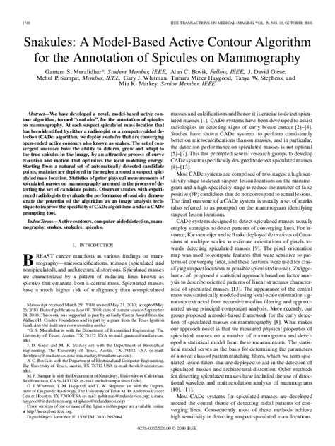 Pdf Snakules A Model Based Active Contour Algorithm For The Annotation Of Spicules On Mammography