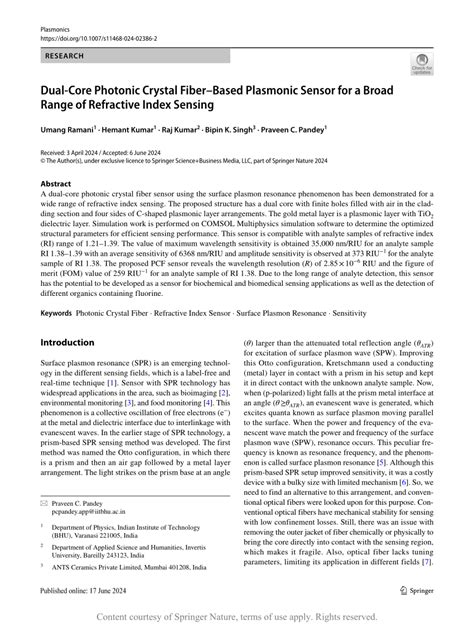 Dual Core Photonic Crystal Fiber Based Plasmonic Sensor For A Broad Range Of Refractive Index