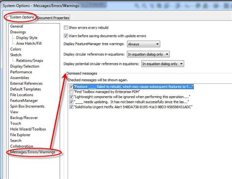 controlling warnings and error messages in solidworks