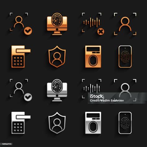 사용자 보호 얼굴 인식 지문 스캔이 가능한 모바일 지문 잠금 디지털 도어 거부 음성 및 모니터 아이콘을 설정합니다 벡터 Brand Name Smart Phone에 대한 스톡