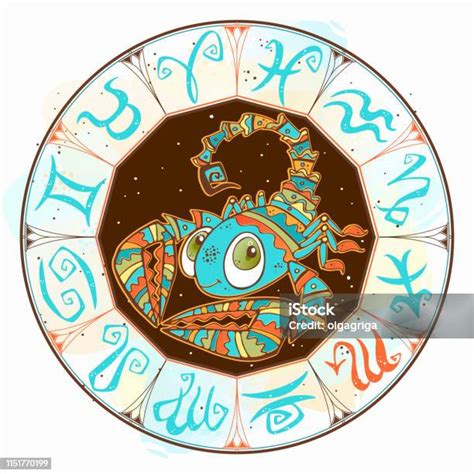 어린이 S 별자리 아이콘입니다 아이 들을 위한 조디악 전갈 자리의 기호입니다 벡터 만화 캐릭터의 점성술 기호 0명에 대한 스톡