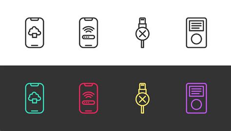 라인 클라우드 기술 데이터 Wifi 무선이 있는 모바일 Usb 케이블 코드 없음 및 흑백의 음악 플레이어 설정 벡터 0명에 대한