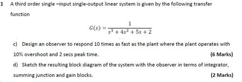 Solved 1 A Third Order Single Input Single Output Linear