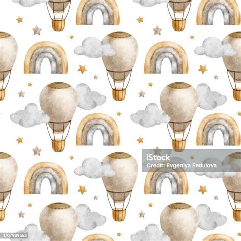 베이지색 열기구에는 바구니 무지개 별이 있습니다 수채화 원활한 패턴입니다 귀여운 아기 배경입니다 아이의 상품 옷 직물 엽서 베이비 샤워 벽지 어린이 방을 위한 디자인 0명에