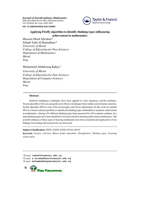 pdf applying firefly algorithm to identify thinking types influencing