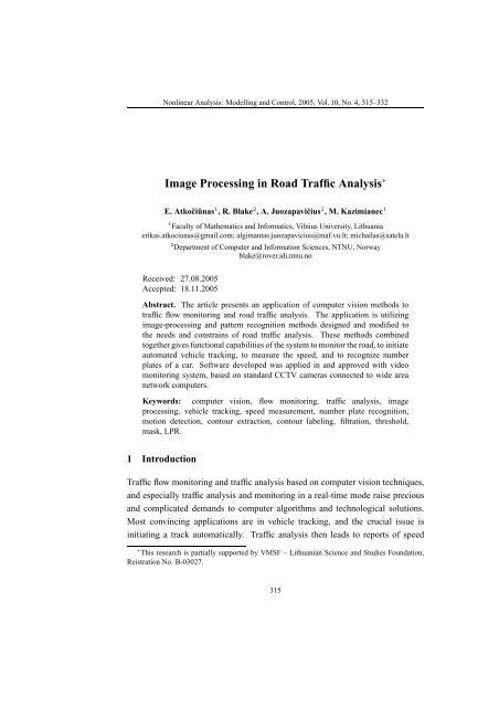 Image Processing In Road Traffic Analysis Lithuanian Association