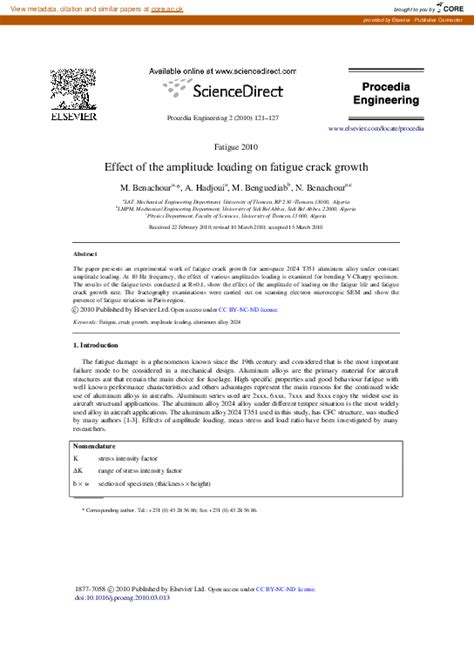Pdf Effect Of The Amplitude Loading On Fatigue Crack Growth Mohamed Benguediab
