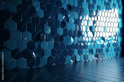 Wall Made Of Polished Blue Mosaic Tiles With A Hexagonal Shape Bricks