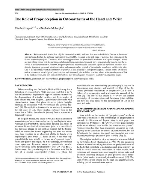 Pdf The Role Of Proprioception In Osteoarthritis Of The Hand And Wrist