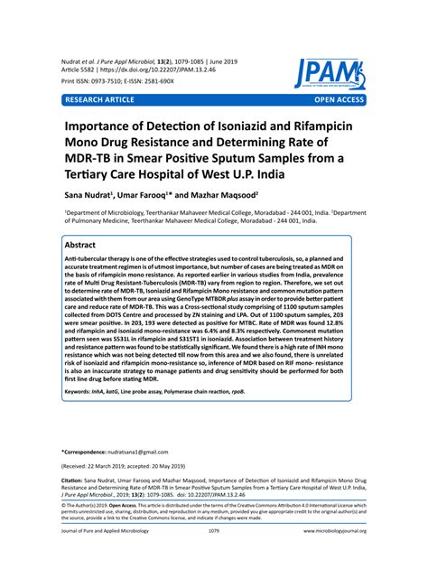 Pdf Importance Of Detection Of Isoniazid And Rifampicin Mono Drug Resistance And Determining