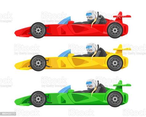 다채로운 빠른 자동차 경주 자동차 포뮬러 1 Bolides 스포츠 경주 차 평면 벡터 아이콘 흰색 배경에 고립의 집합입니다 속도 모터 드라이브입니다 측면 보기 벡터 일러스트