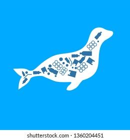 Vektor Stok Seal Ocean Plastic Pollution Ecological Poster (Tanpa ...