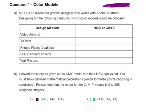 Solved Computer Graphics Color Model Question Color Chegg