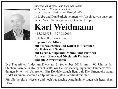 Traueranzeigen Von Karl Weidmann Trauerundgedenkende