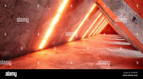 Sci Fi Neon Glowing Lamps In A Dark Corridor Reflections On The Floor