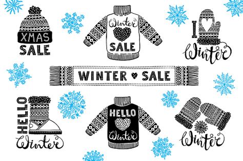 세트 드로잉 니트 모직 의류와 신발 스웨터 모자 장갑 부츠 패턴 스카프 배너 가격 또는 라벨을 디자인 하는 겨울 판매 쇼핑 개념 격리 벡터 일러스트레이션 개체 그룹에 대한