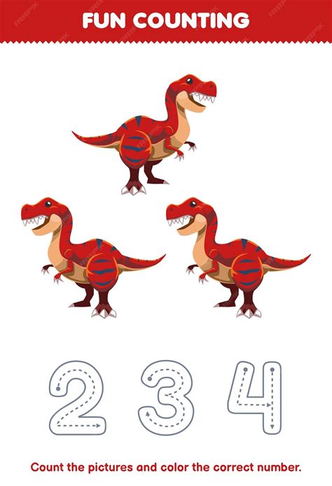 어린이를 위한 교육 게임은 귀여운 만화 티라노사우르스 인쇄 가능한 선사 시대 공룡 워크시트에서 그림을 세고 정확한 숫자를 색칠합니다 프리미엄 벡터