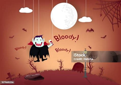 할로윈 묘지 만화 인형 캐릭터 초대 포스터 카드 추상 배경 벡터 일러스트 레이 션과 피 묻은 메시지 귀여운 뱀파이어 Political Party에 대한 스톡 벡터 아트 및