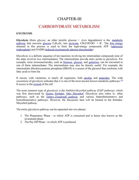Carbohydrate Metabolism CHAPTER III CARBOHYDRATE METABOLISM GYCOLYSIS Glycolysis From Glycose