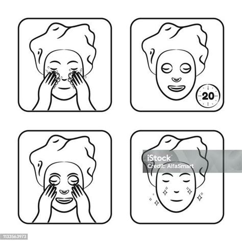 벡터 일러스트 레이 션의 단계 얼굴 마스크를 적용 하는 방법 시트 침구에 대한 스톡 벡터 아트 및 기타 이미지 시트 침구