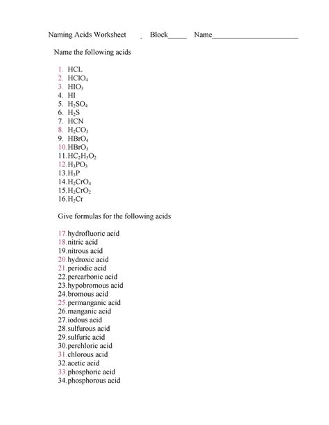 naming acids complete naming acids worksheet key block