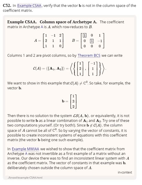 Solved C32 In Example Csaa Verify That The Vector B Is Not In The Column Space Of The