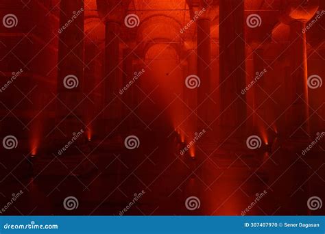 Basilica Cistern View With Red Ambient Light Yerebatan Sarnici In