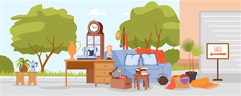 차고 판매 오래된 가정용 가구와 복고풍 패션 물건이 있는 벼룩시장 장면 가구에 대한 스톡 벡터 아트 및 기타 이미지 가구 가정 생활 고풍스런 Istock