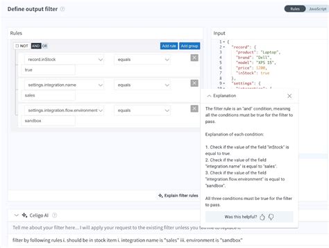 create or explain filter rules using the celigo ai component celigo