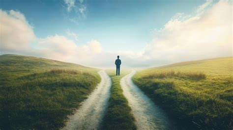 A Man Stands In The Middle Of A Road That Splits Into Two Paths Premium Ai Generated Image