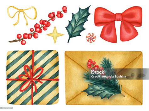 크리스마스 휴일 수채화 세트 공예 편지 봉투 빨간 활 노란 리본 전나무 가지 홀리 베리 잎 선물 상자 사탕 손으로 그린 요소가 분리되어 있습니다 0명에 대한 스톡 벡터 아트