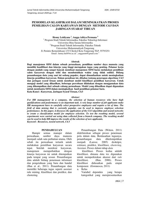 Pdf Pemodelan Klasifikasi Dalam Meningkatkan Proses Pemilihan Calon