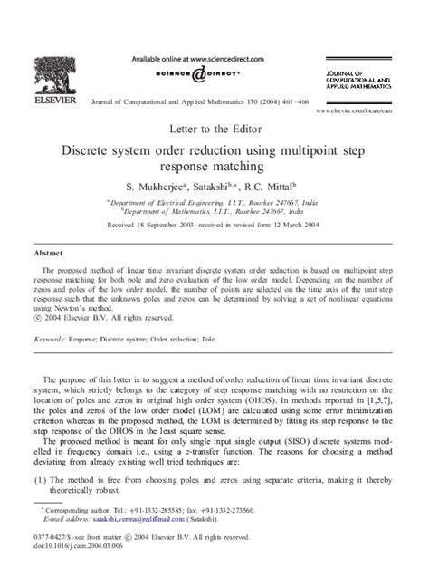 Pdf Discrete System Order Reduction Using Multipoint Step Response