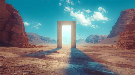 A Door Stands Alone In A Vast Desert Under A Clear Blue Sky Stock