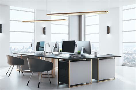 테이블과 메가폴리스 도시 전망에 컴퓨터와 현대 협력 사무실 0명에 대한 스톡 사진 및 기타 이미지 0명 3차원 형태 가구 Istock