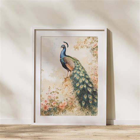 Vintage Peacock Wall Art Elegant Bird Watercolor Print Floral Poster Antique Style Digital