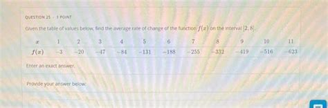 solved given the table of values below find the average