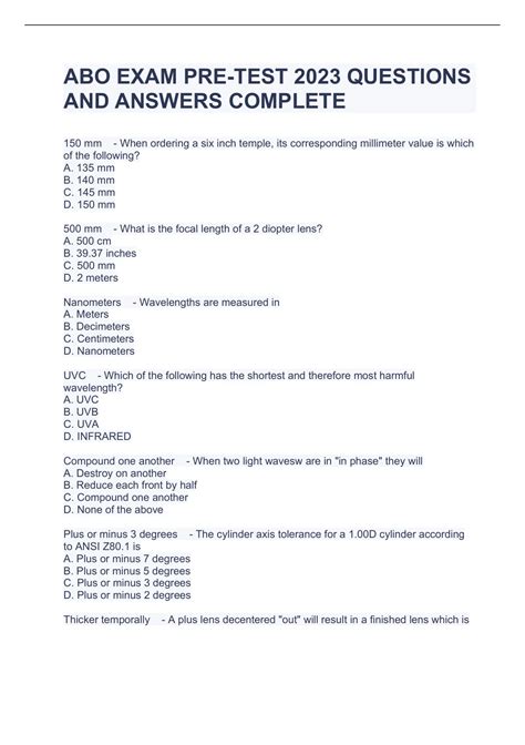 abo exam pre test 2023 questions and answers complete abo stuvia us