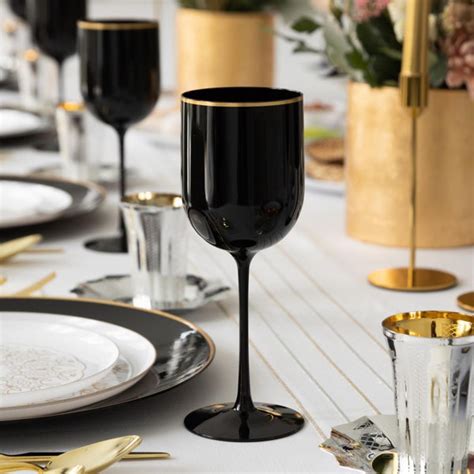 Ecoquality 12 Oz Black Plastic Stemmed Wine Glasses With Gold Rim 5