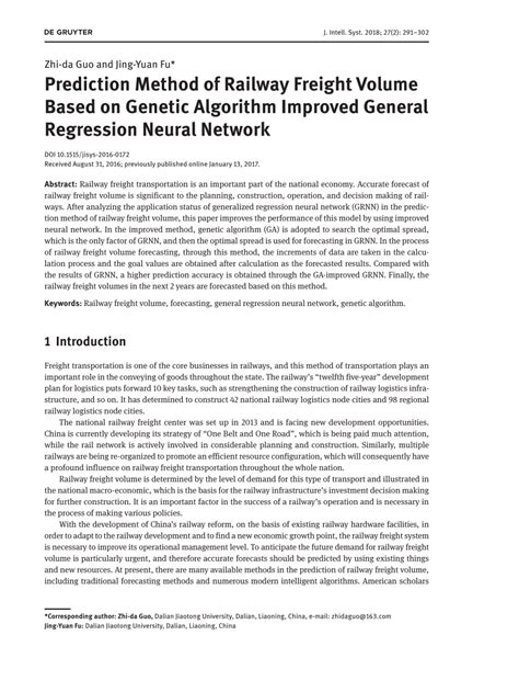 Pdf Prediction Method Of Railway Freight Volume Based On Genetic Algorithm Improved General