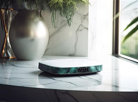 Premium AI Image Modern WiFi Router On Table Indoors Space For Text Created With Generative AI