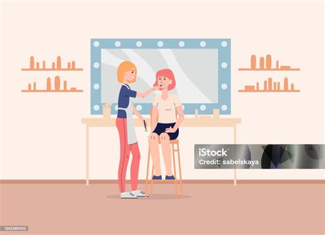 패션 및 뷰티 산업 작업 플랫 벡터 일러스트에서 메이크업 아티스트 컴퓨터 그래픽에 대한 스톡 벡터 아트 및 기타 이미지