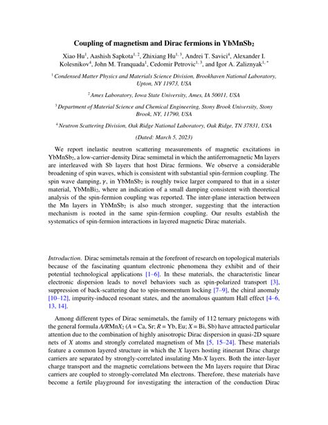 Pdf Coupling Of Magnetism And Dirac Fermions In Ybmnsb2