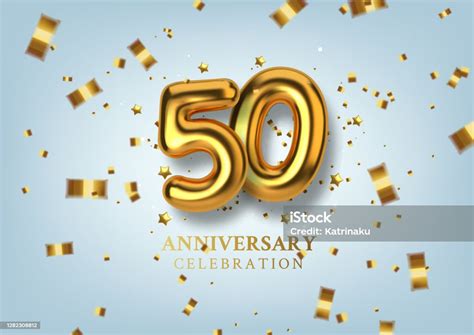 50주년 기념 행사 황금 풍선의 형태로 번호 사실적인 3d 골드 숫자와 반짝이는 색종이 뱀 생일 또는 결혼식 이벤트에 대한 수평 템플릿 벡터 그림입니다 50에 대한 스톡