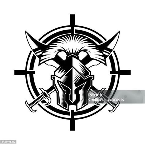 스파르타 헬멧과 검 원 모양 로고 벡터 일러스트레이션 군대 병기 회사 팀 게임 체육관 피트니스 용 템팔트 로고 전사 사람의