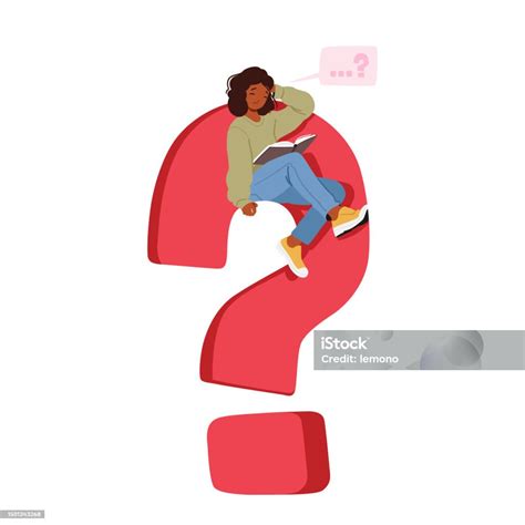 사색적인 여성 캐릭터는 머리 위로 말풍선이 있는 거대한 빨간색 물음표에 앉아 자기 성찰을 묘사한다 개념에 대한 스톡 벡터 아트
