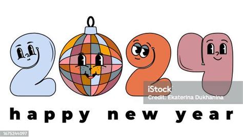 2024 새해 복 많이 받으세요 로고 텍스트 디자인 그루비한 복고풍 스타일의 귀여운 캐릭터 2024년 숫자 디자인 템플릿 세트입니다 일기 노트북 달력에 대한 벡터 그림입니다